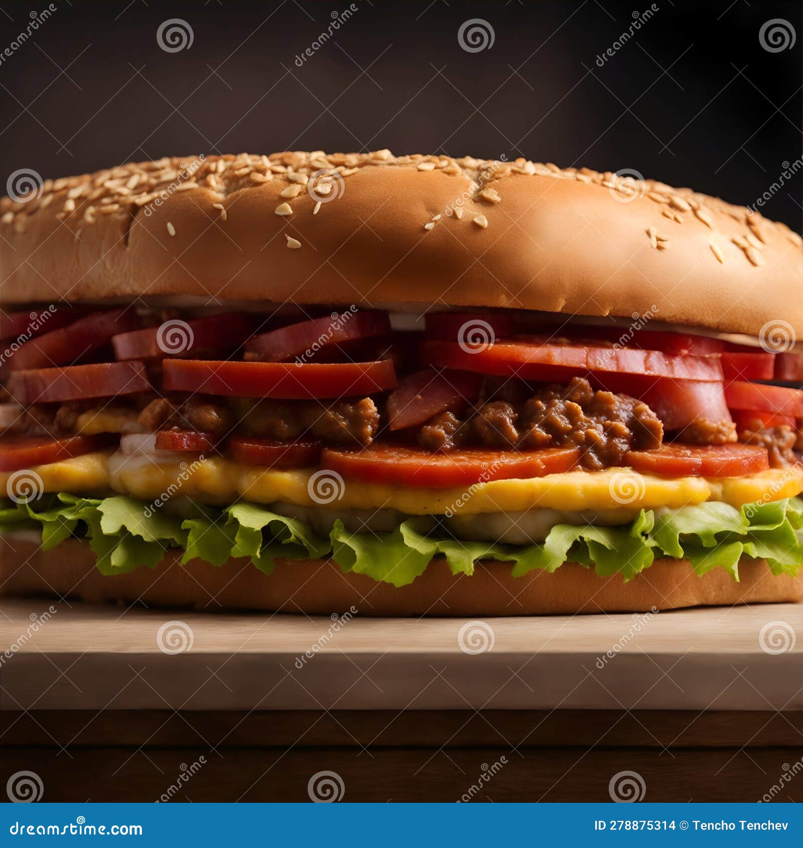 Hamburger on a Table, Large Delicious Sandwich with Fresh Vegetables ...