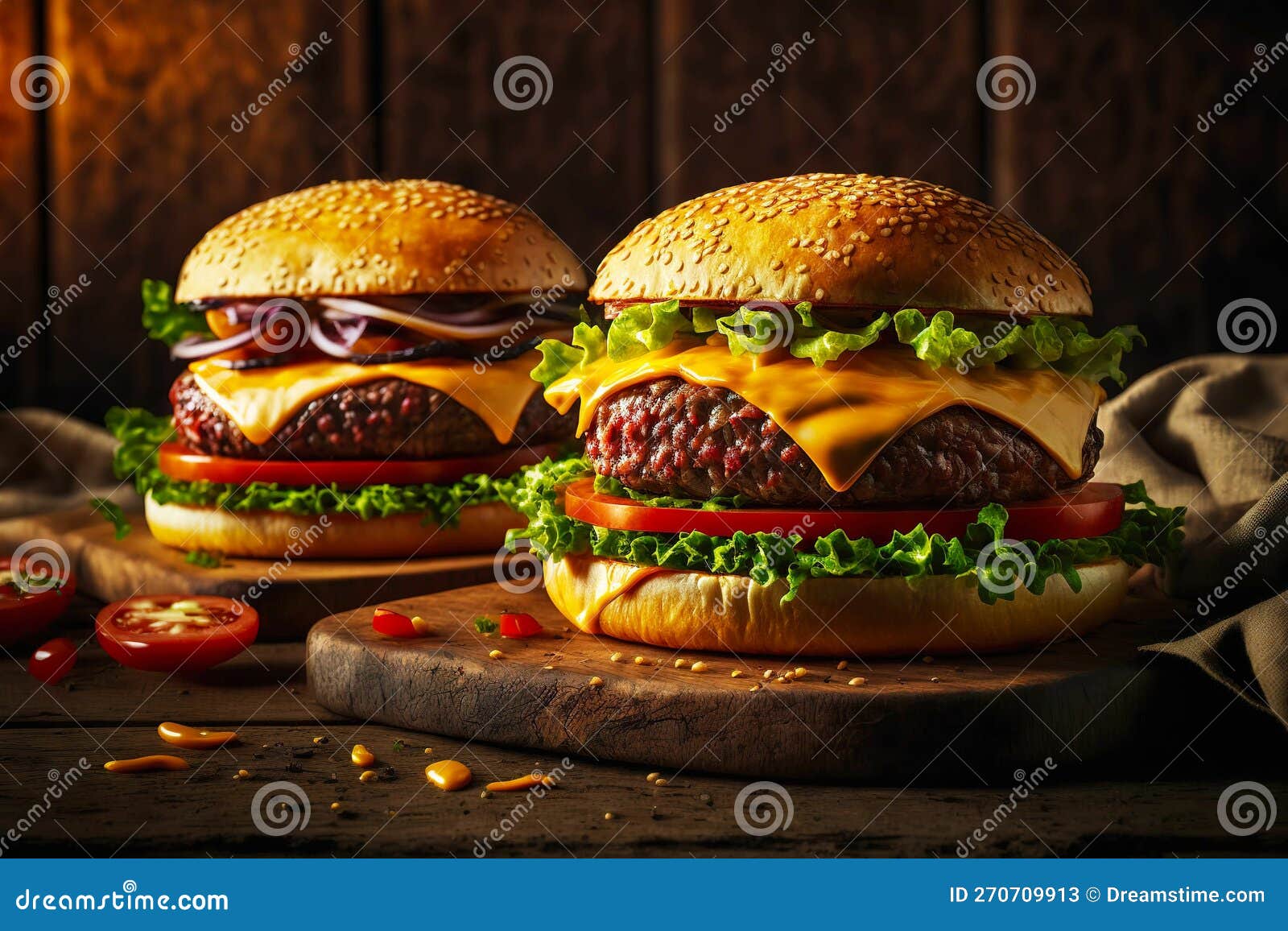 Hamburger with Thick Beef Burger Set on Wooden Table Stock Illustration ...
