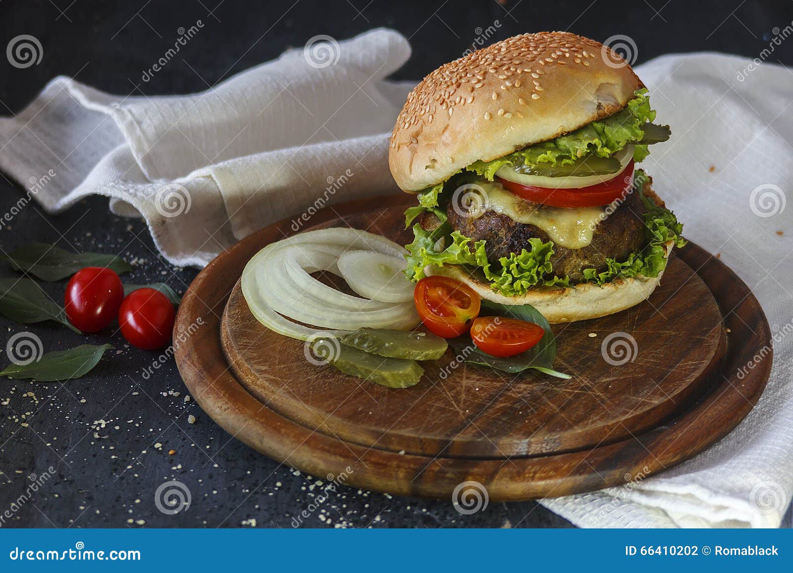 Hamburger on a Wooden Stand Stock Photo - Image of classic ...