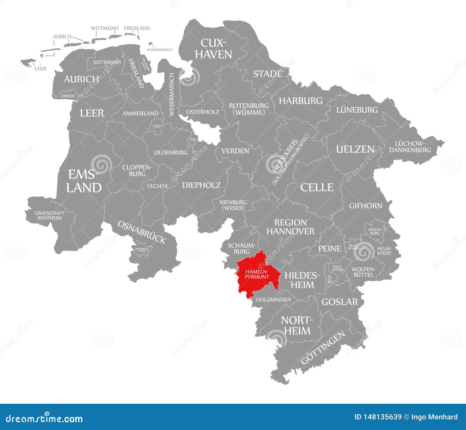 Hameln-Pyrmont County Red Highlighted in Map of Lower Saxony Germany ...