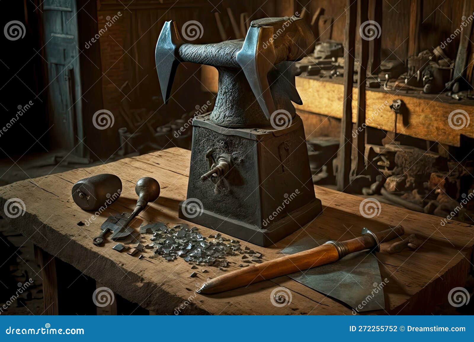 Hammer and Anvil on Stand on Table in Small Blacksmith Shop Stock ...