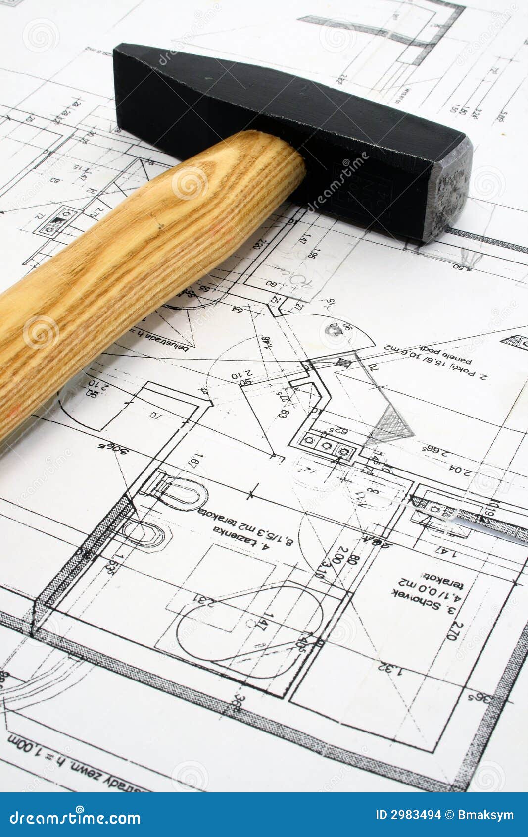 Hammer on a blueprint. stock photo. Image of contractor - 2983494