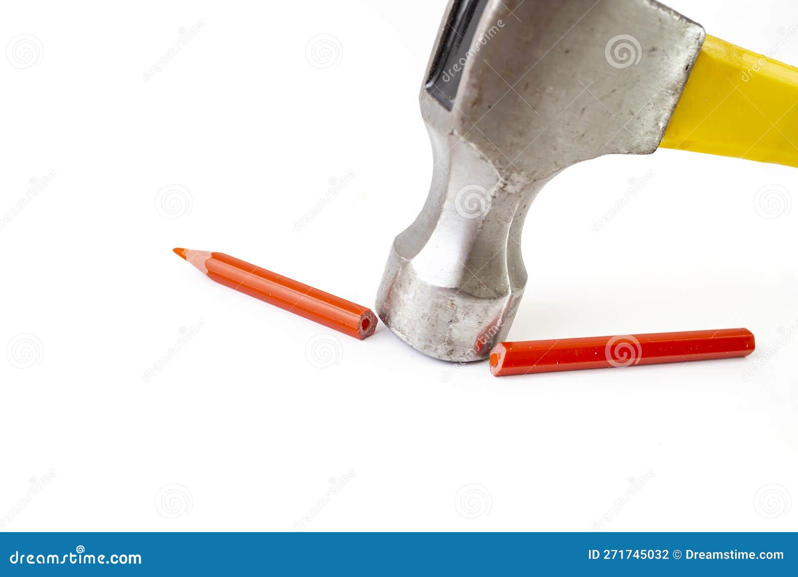 Hammer Breaking a Red Crayon in Two Pieces, Isolated on White ...