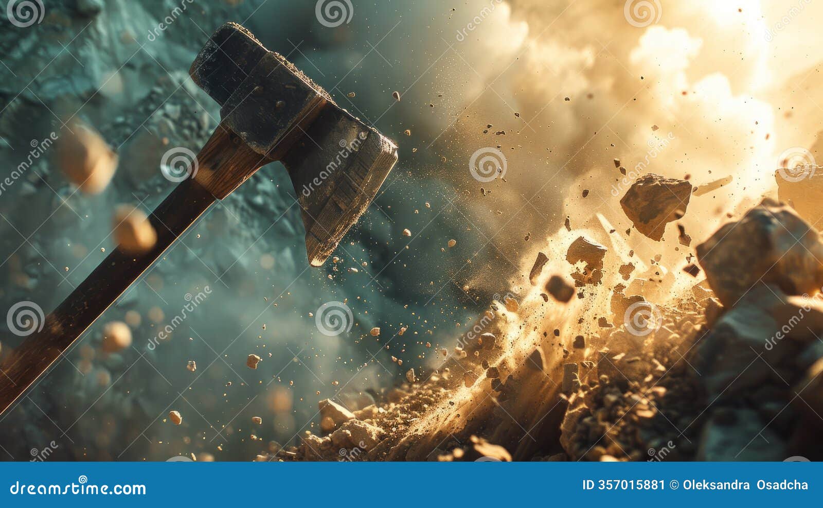 A Hammer Breaking through Rocks, Causing an Explosion of Debris. Stock ...