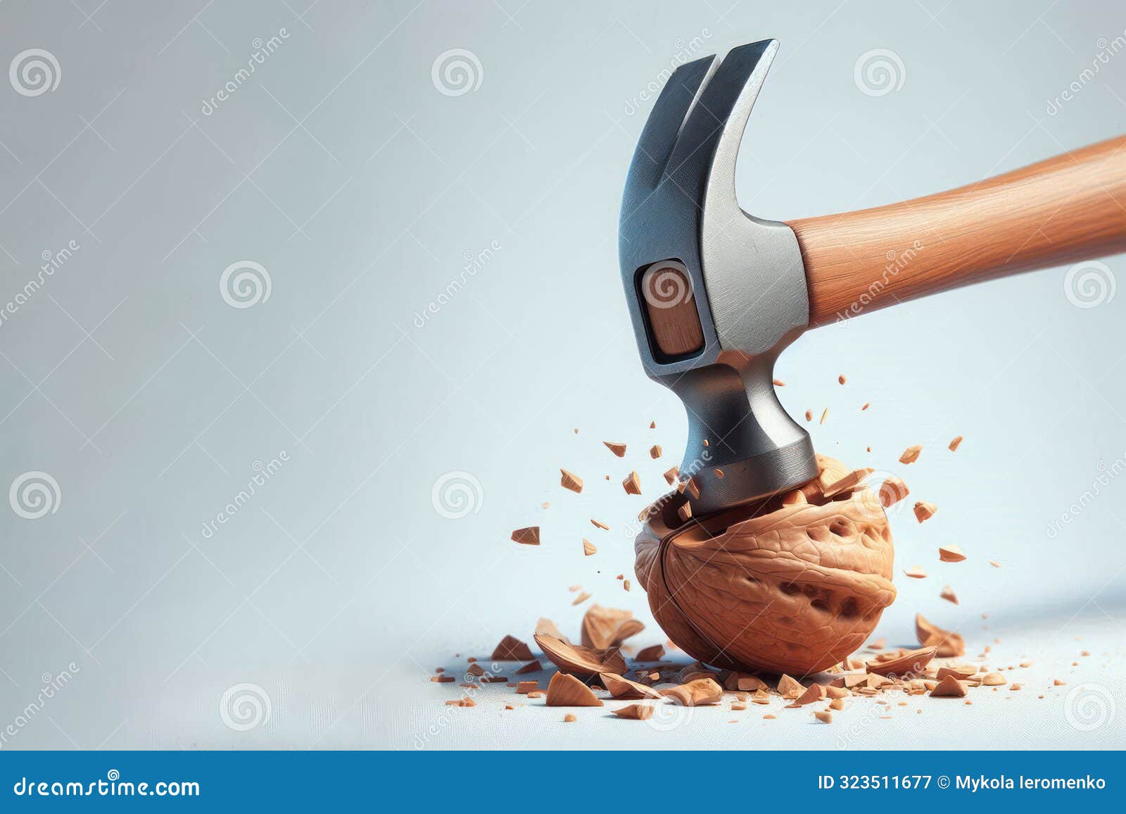 A Hammer Breaking a Walnut. Space for Text. Stock Image - Image of ...