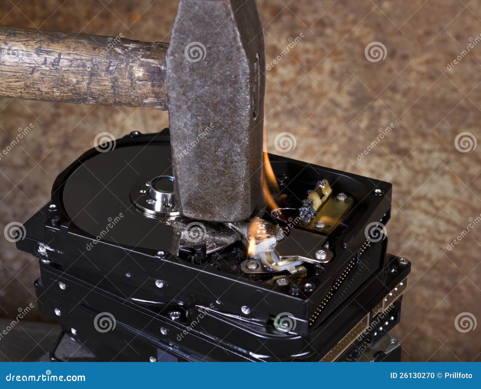 Hammer and Burning Hard Disks Stock Photo - Image of equipment, machine ...