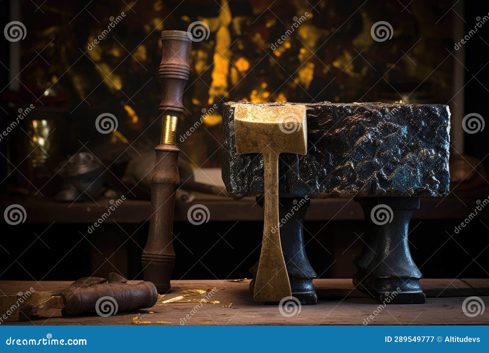 Hammer and Gold Foil on a Blacksmiths Anvil Stock Illustration ...