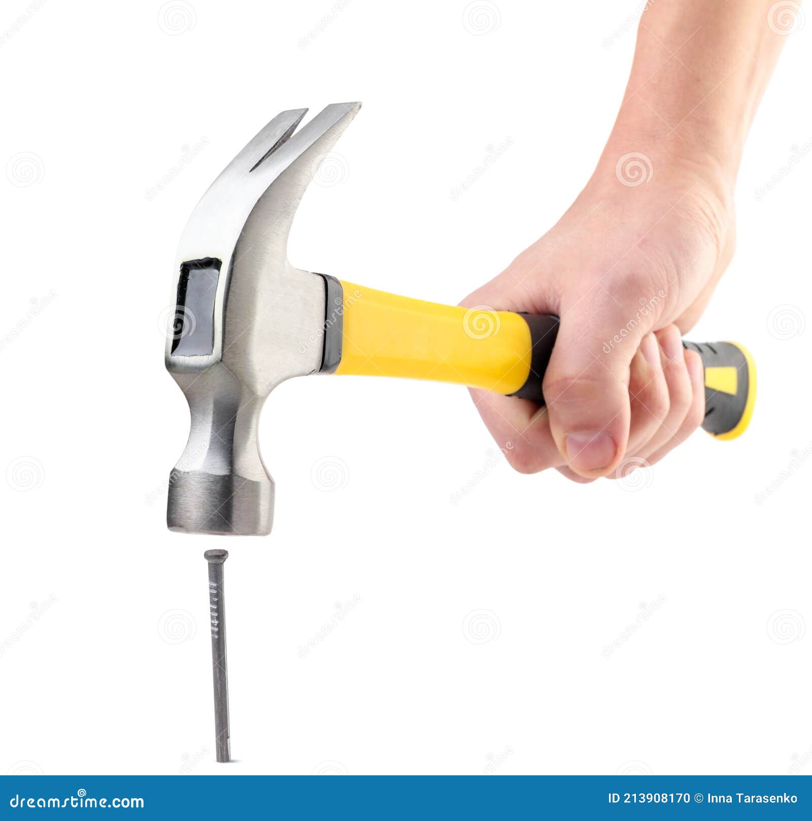 Hammer in Hand Hammering a Nail on a White Background. Isolated Stock ...