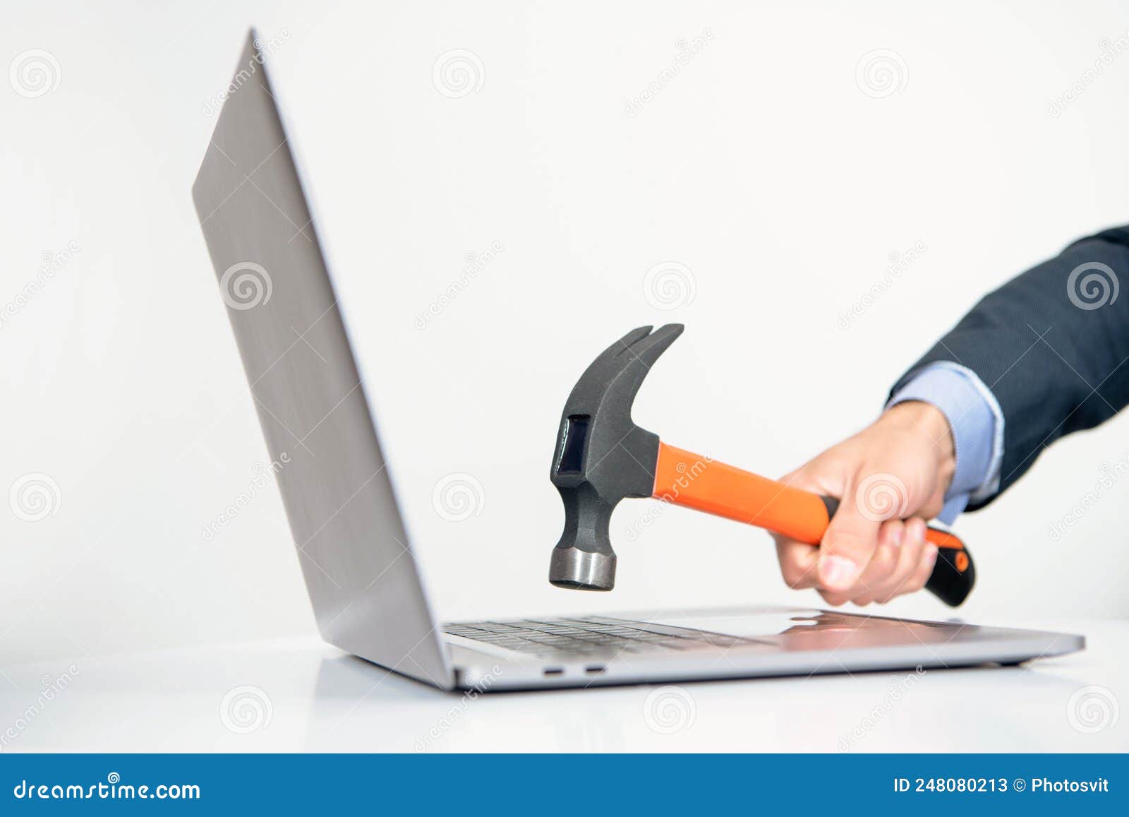 Hammer in Hand Hitting the Computer, Closeup Stock Image - Image of ...