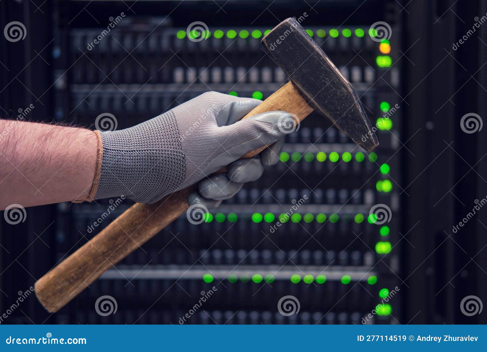 Hammer in the Hands of a Man at the Server for Storing Data, Close-up ...