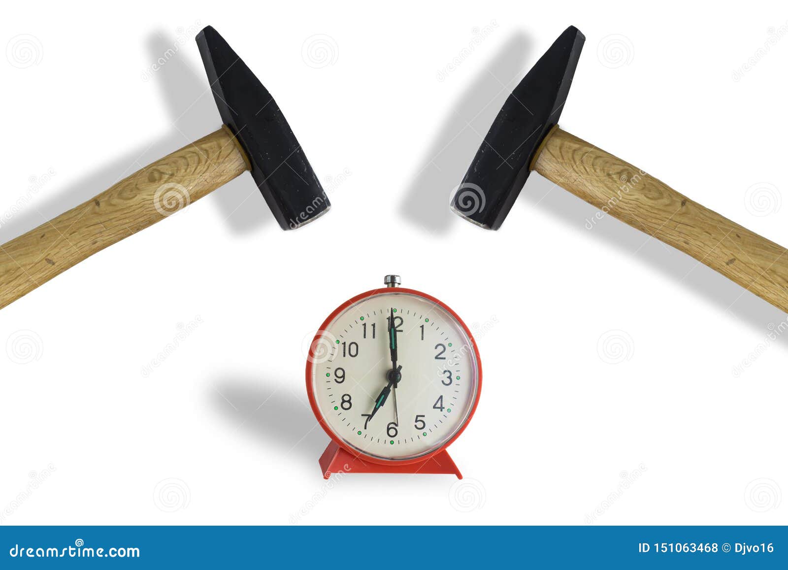 Hammer Hitting Alarm Clock , Isolated on White Stock Photo - Image of ...