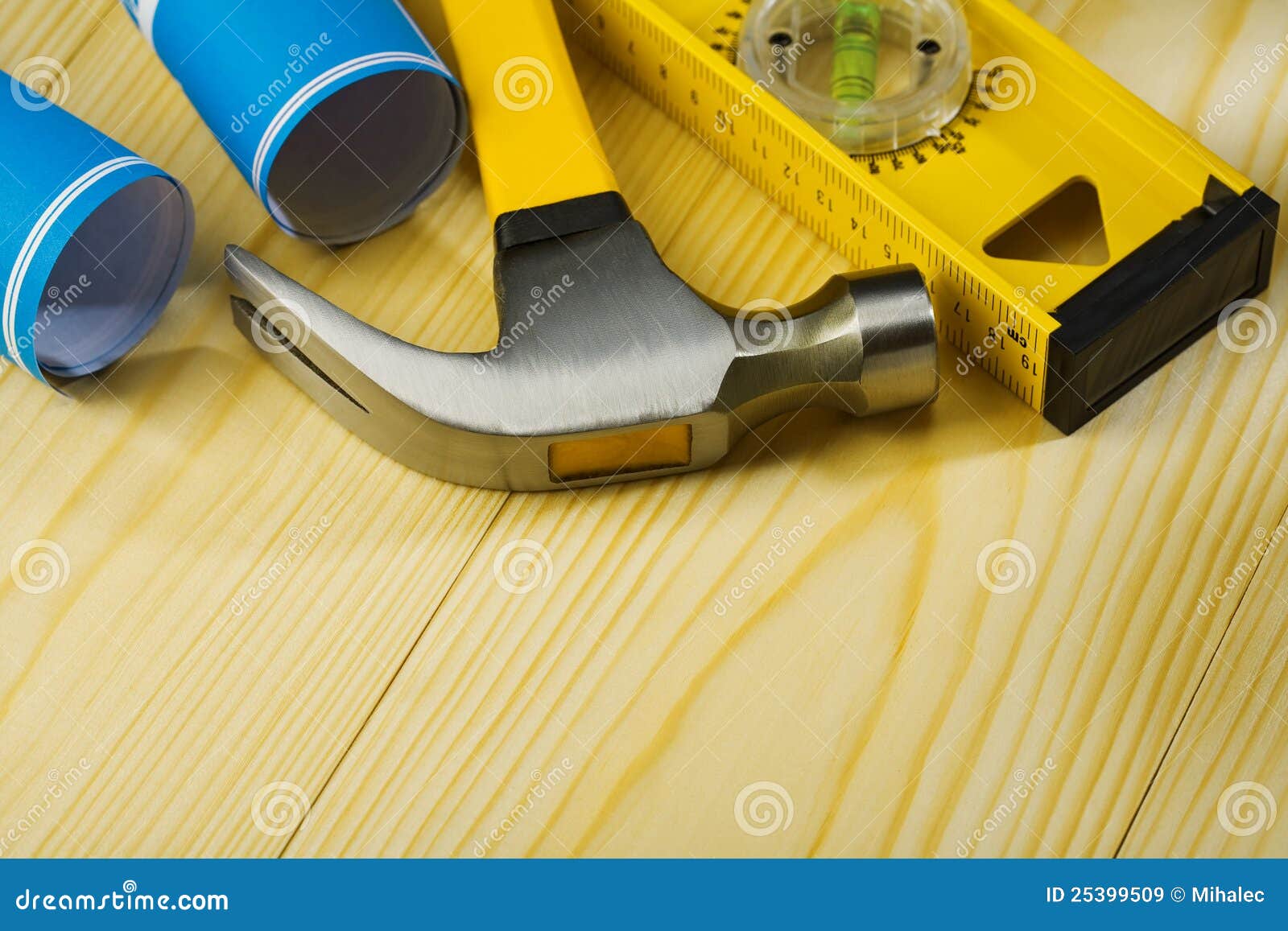 Hammer, Level And T Square Ruler On Timber Background Royalty-Free ...