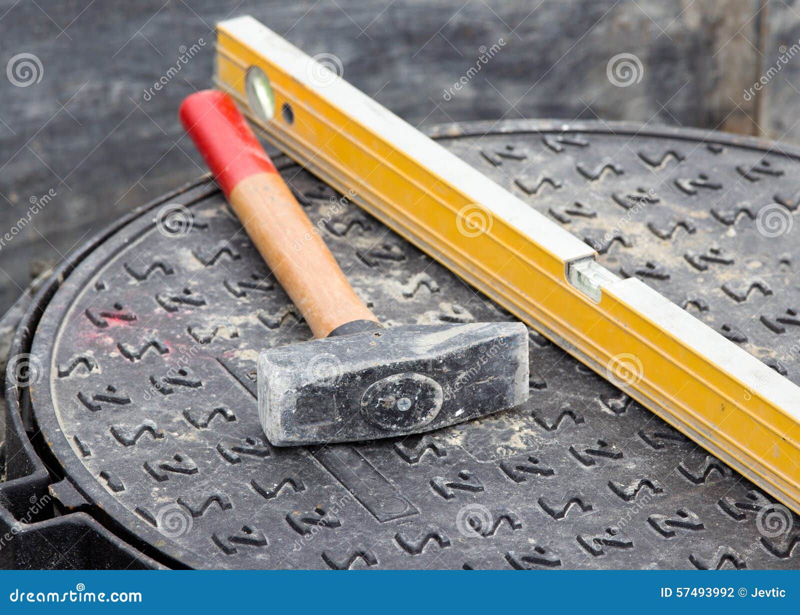 Hammer, Level And T Square Ruler On Timber Background Royalty-Free ...
