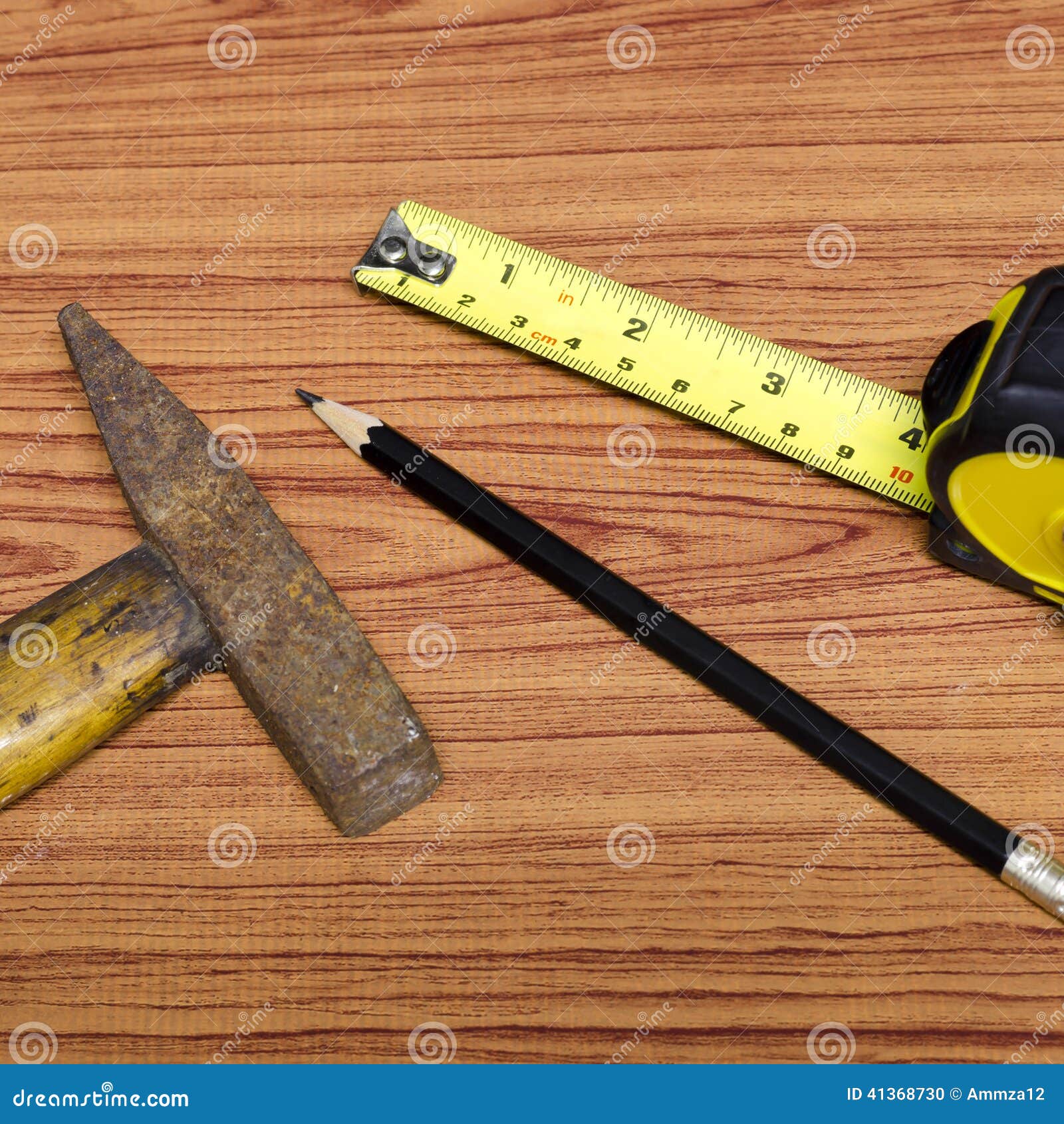Hammer Measuring Tape and Pencil Stock Photo - Image of indoors ...