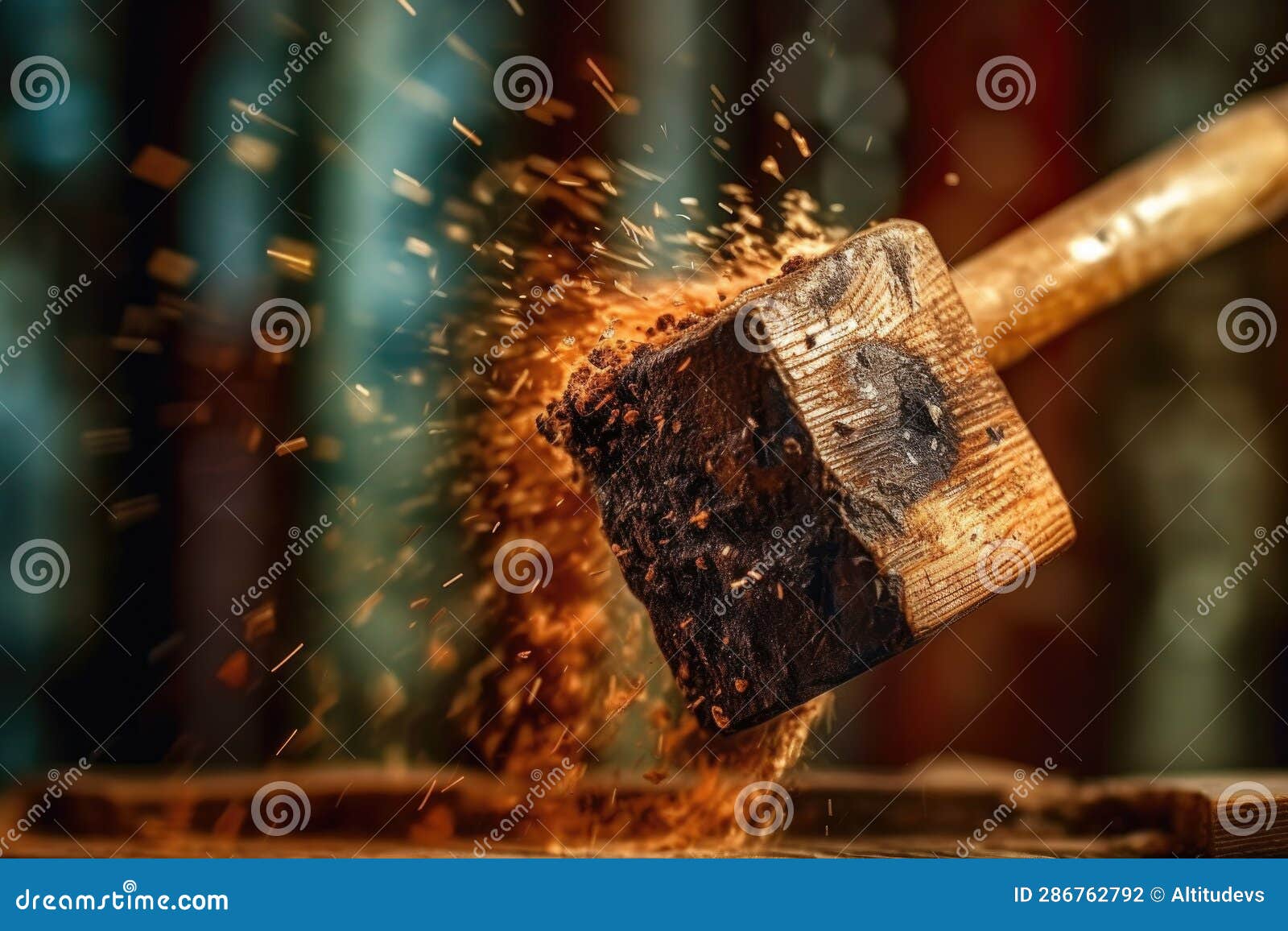 Hammer in Motion, Blurred, As it Hits a Nail in Wood Stock Photo ...
