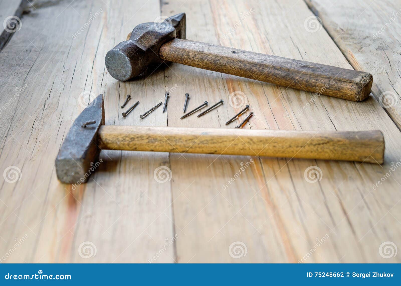 Hammer and Nails on Wood Table Background Stock Photo - Image of build ...