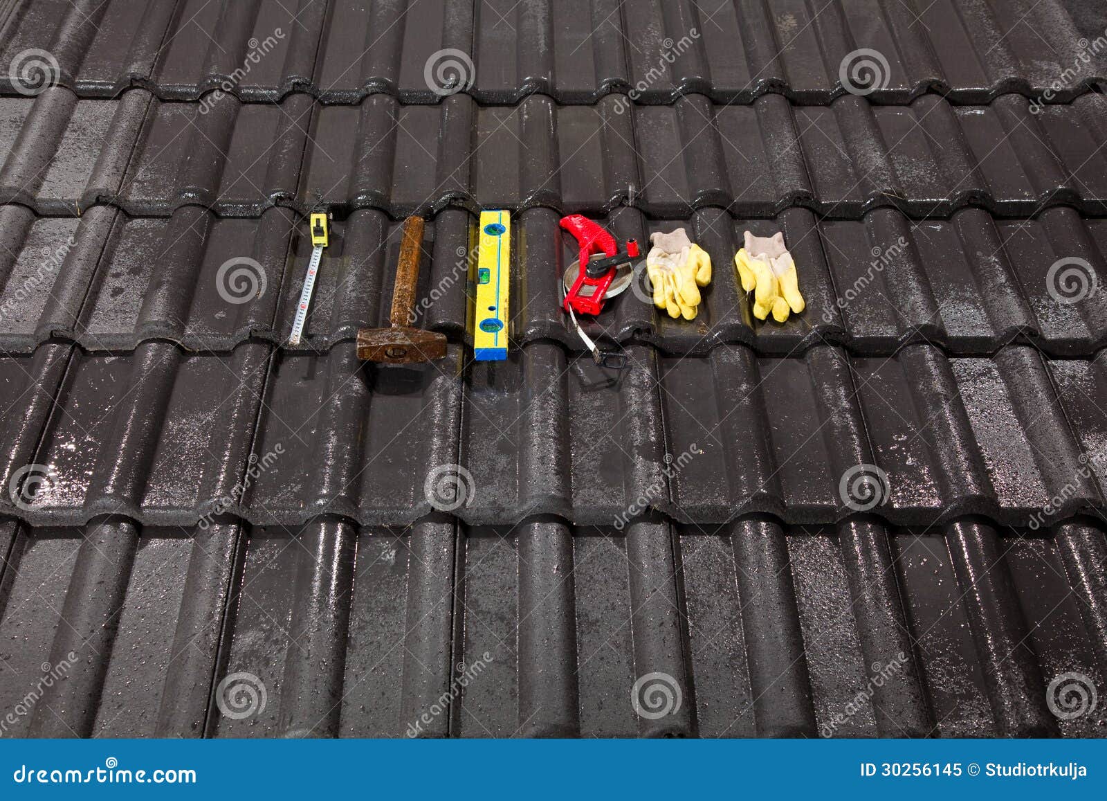 Construction Tools on Roof Tiles Stock Image - Image of construct ...