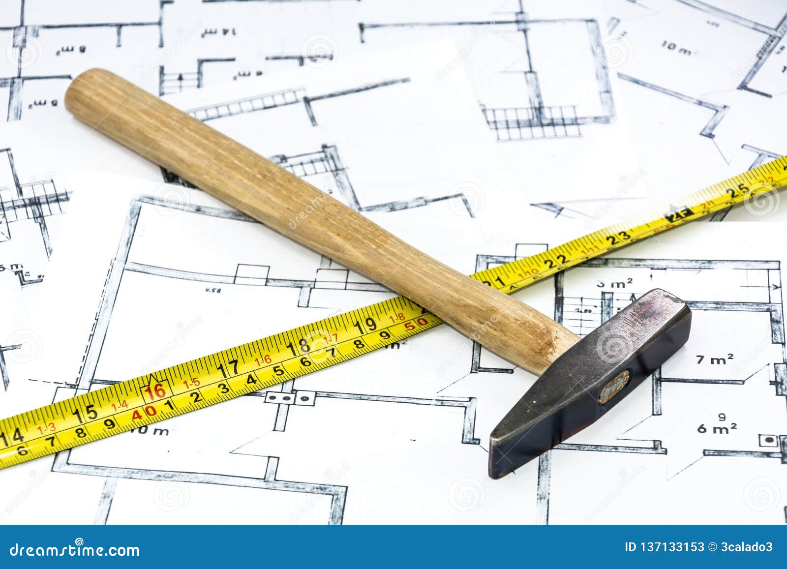 Hammer and Ruler Lying on Architectural Blueprint Stock Image - Image ...
