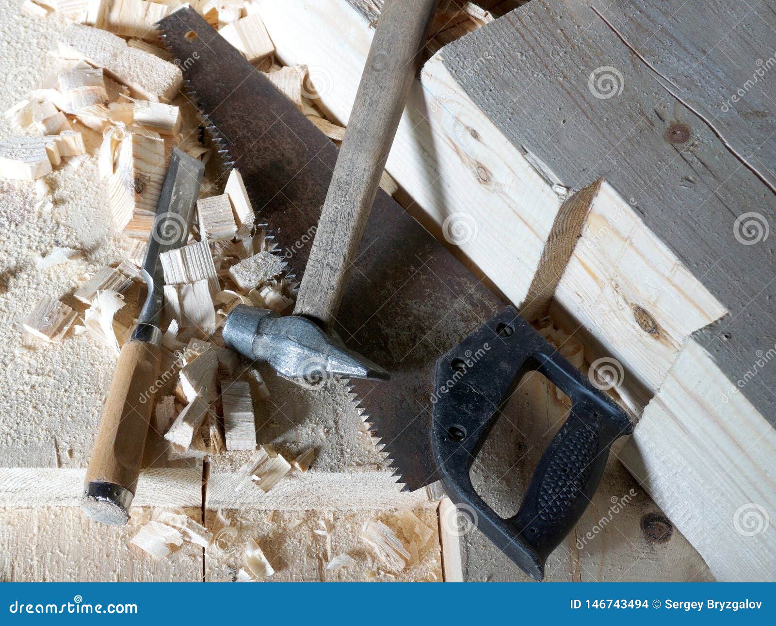Hammer, Saw and Chisel are on the Boards Stock Photo - Image of house ...