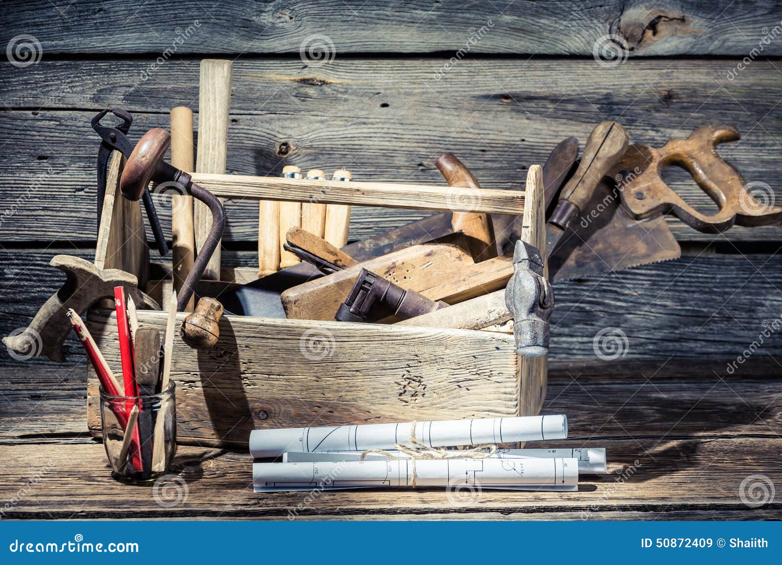Hammer, Saw and Paper Scheme in the Carpentry Workshop Stock Image ...