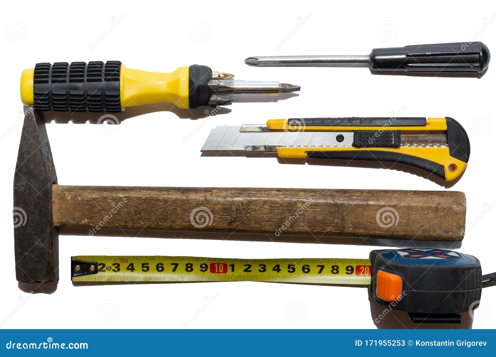Hammer, Screwdriver, Construction Knives and Measuring Tape Isolated ...