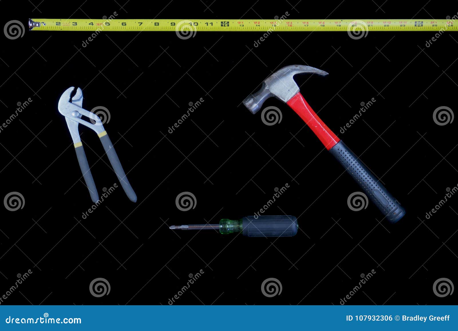 Hammer Screwdriver Measuring Tape Channel Locks and Saw Stock Photo ...