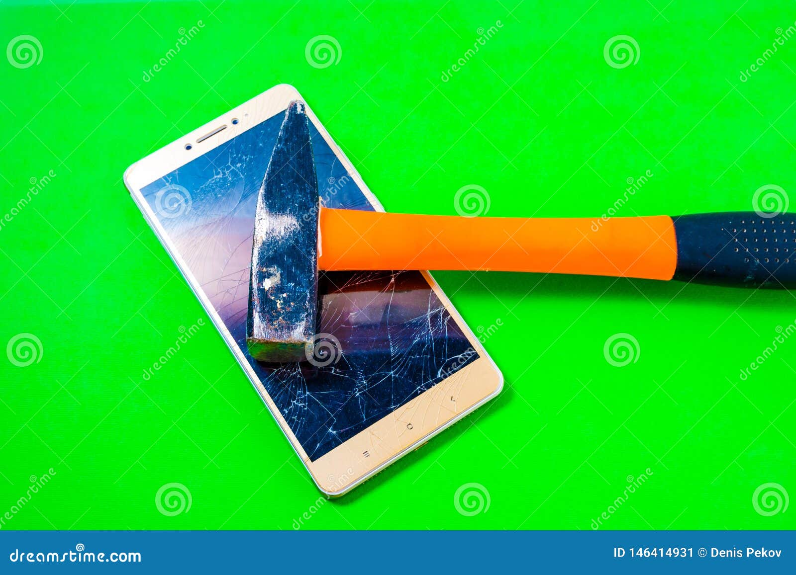 Hammer Smashing Smart Phone on Green Background Stock Image - Image of ...