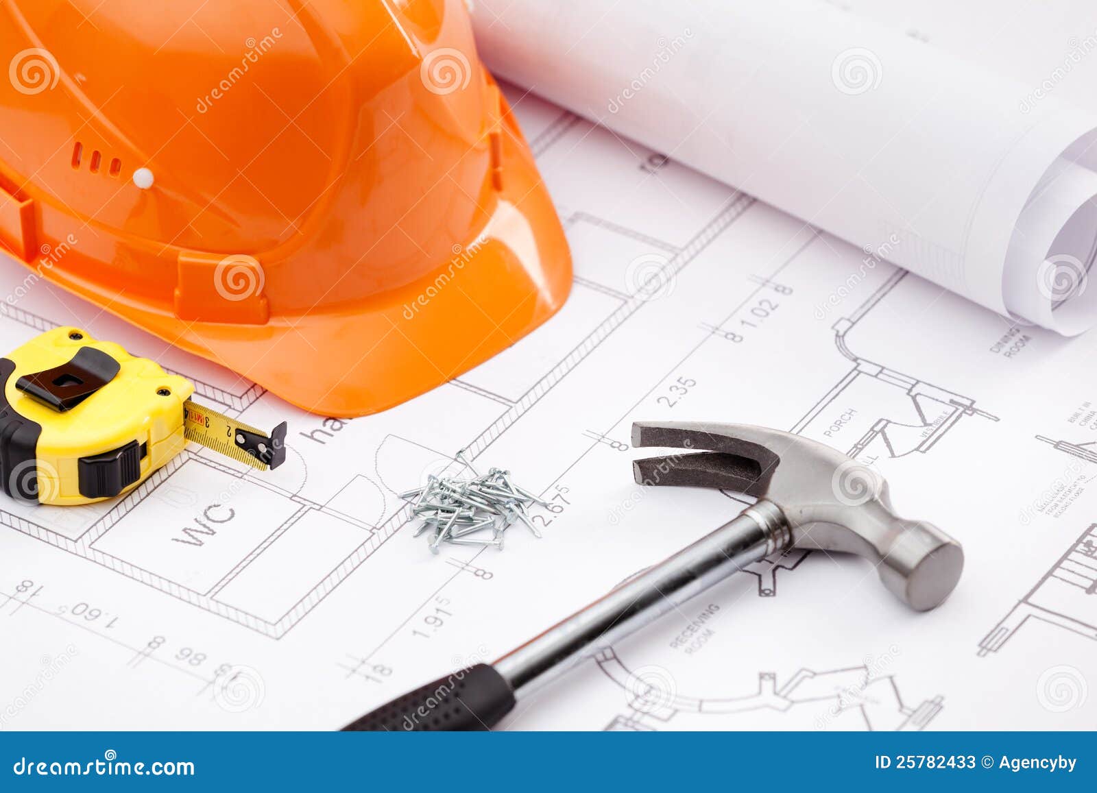 Hammer, Tape Measure, Hard Hat and Nails Stock Image - Image of build ...