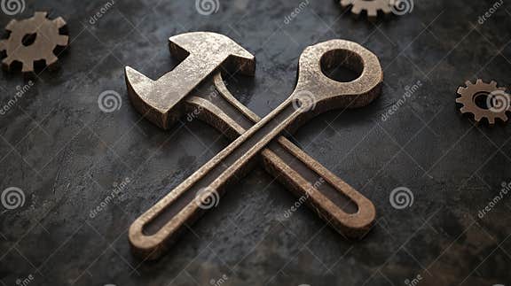 Hammer and Wrench Form Crossed Tools on a Backdrop of Gears ...