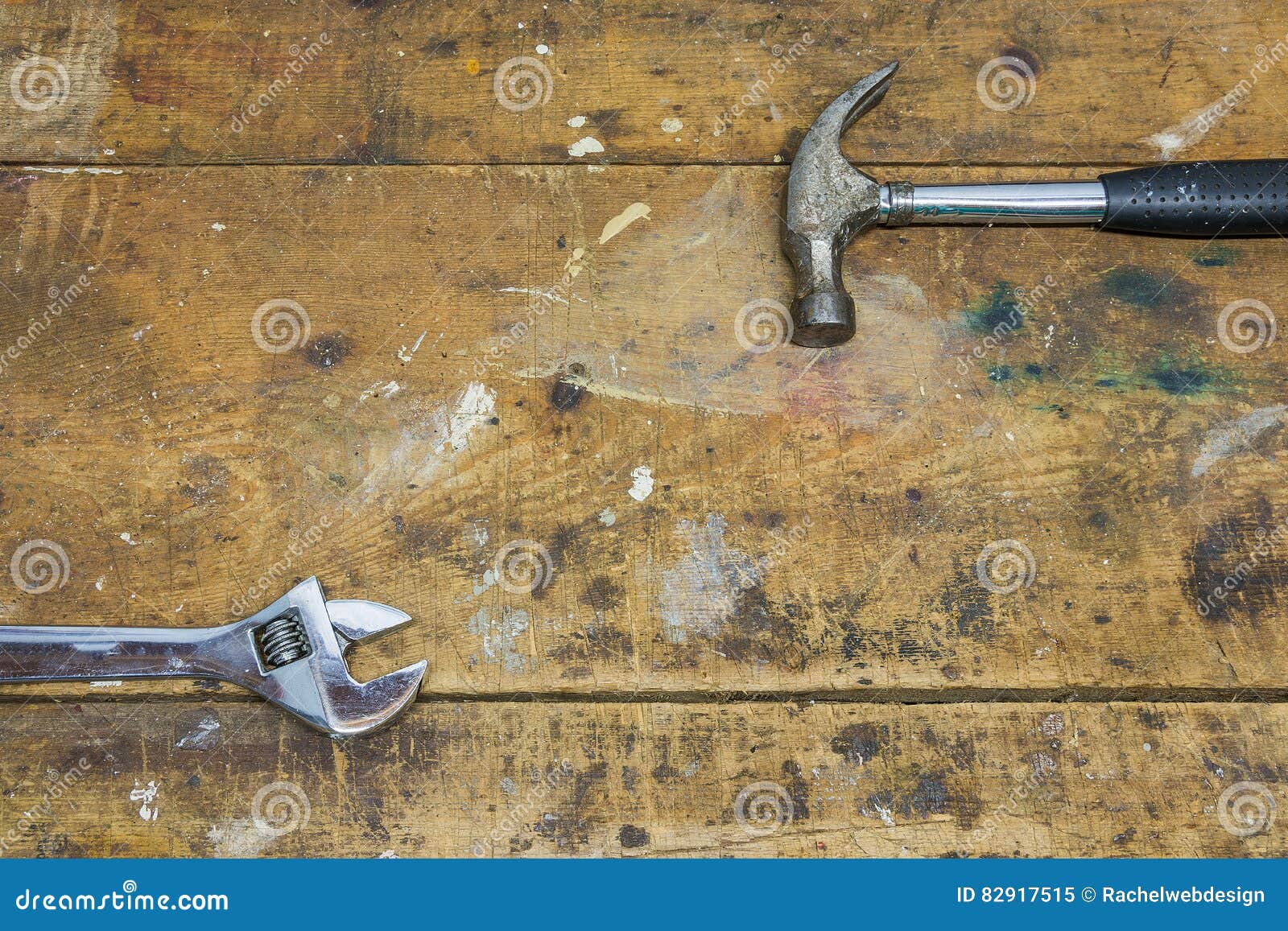 Hammer and Wrench on Work Workshop Bench Background Stock Image - Image ...