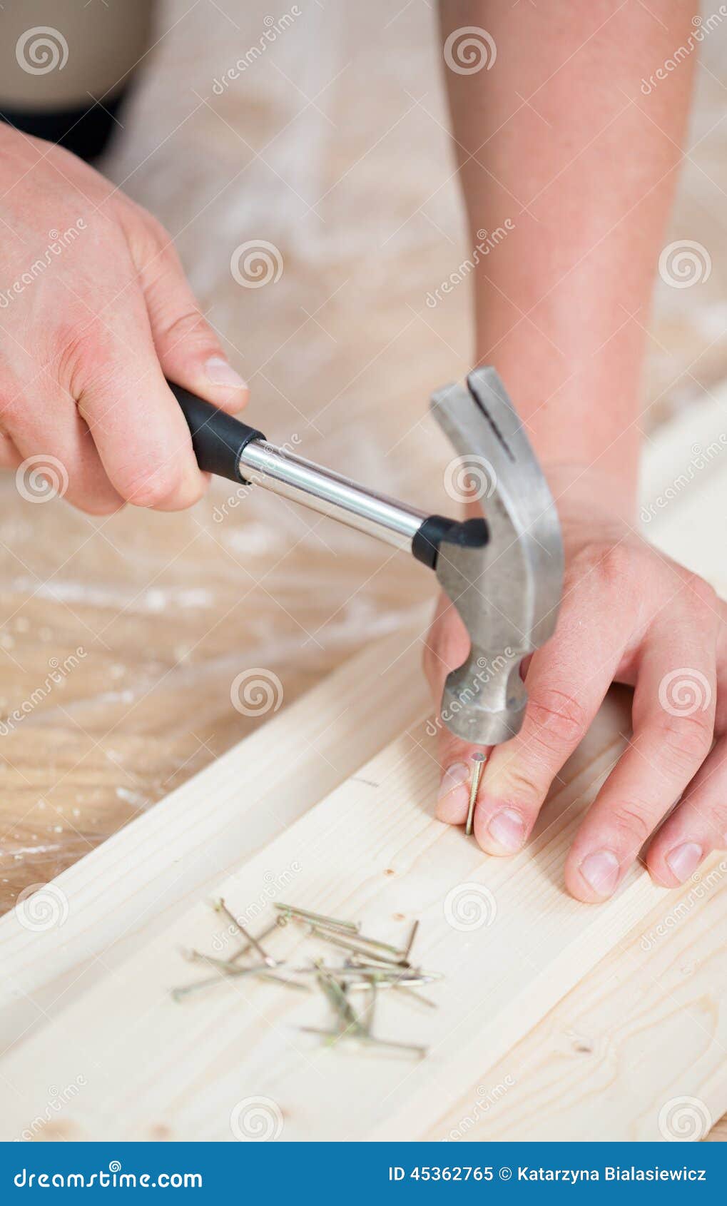 Hammering Nails into Wooden Board Stock Image - Image of hammering ...