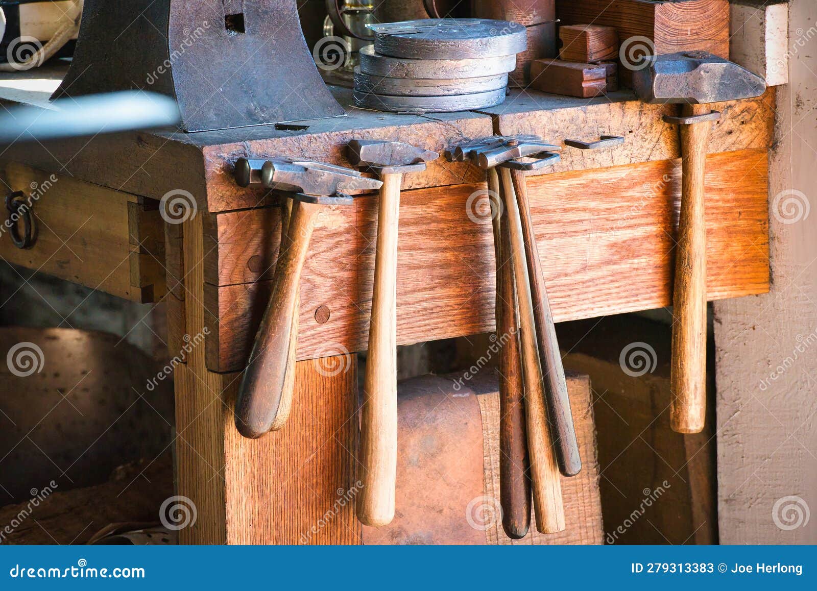 Hammers Hanging on a Bench in a Blacksmith Shop. Stock Image - Image of ...