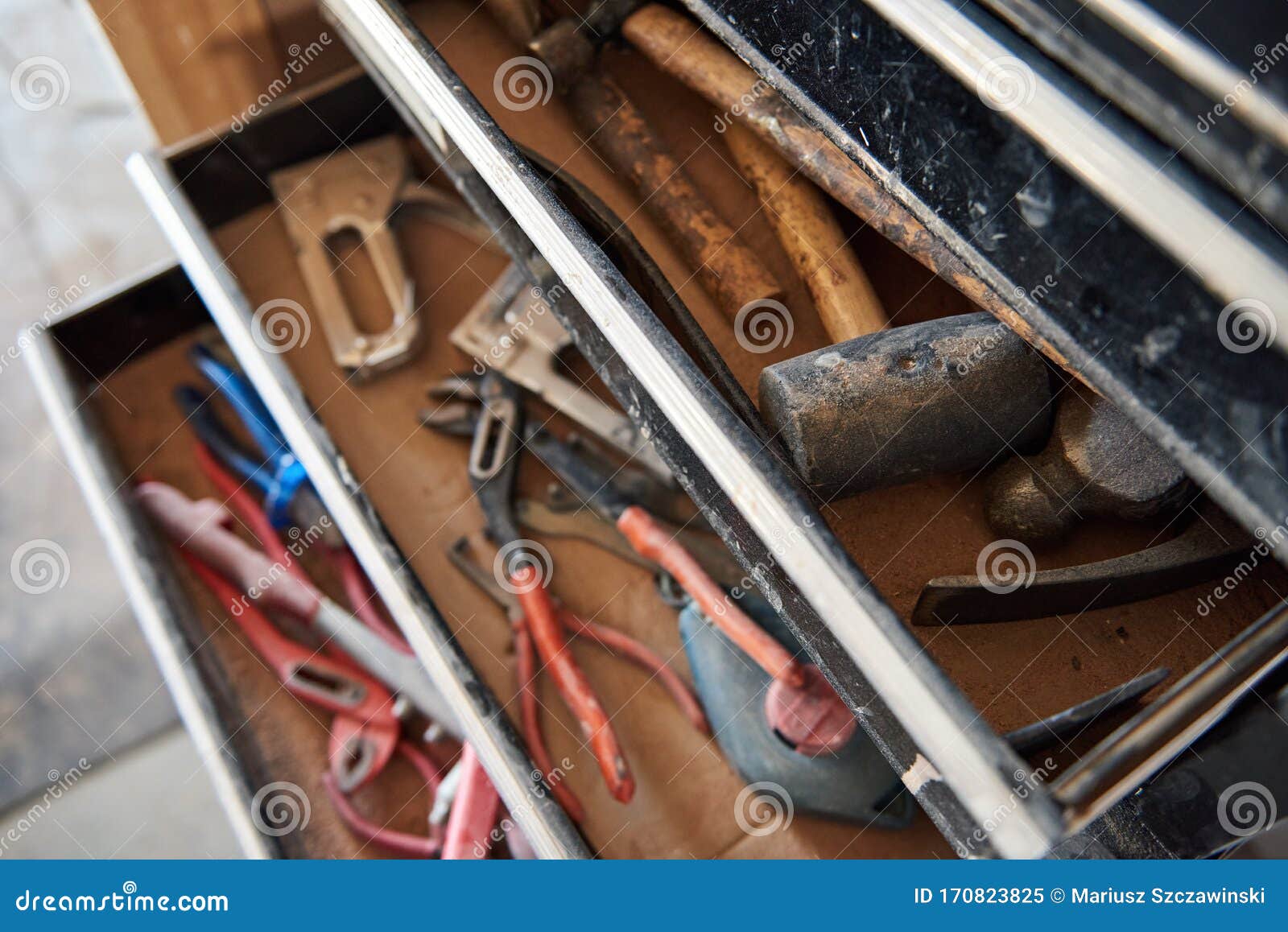 Hammers and Tools in Open Drawers of a Workbench Stock Image - Image of ...