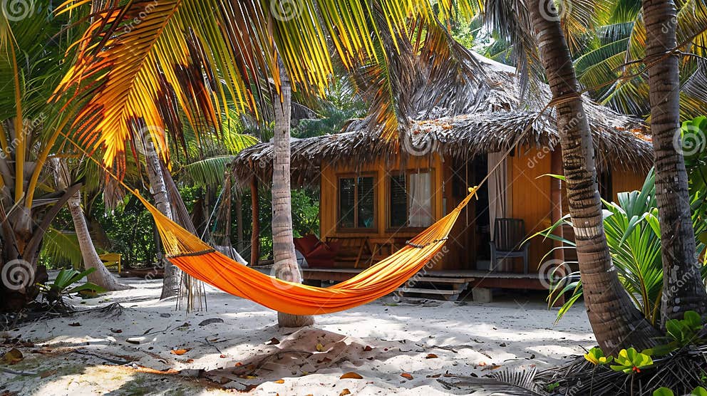 Hammock on Beachfront Hut. Generative by AI Stock Illustration ...