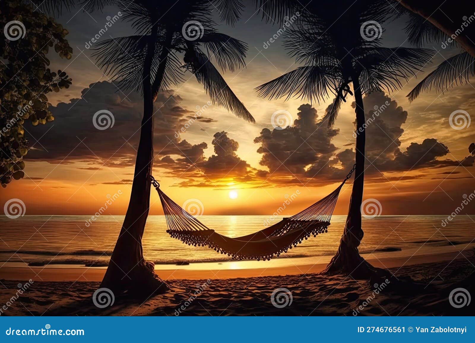 A Hammock on a Tropical Beach at Sunset without People. Generative AI ...