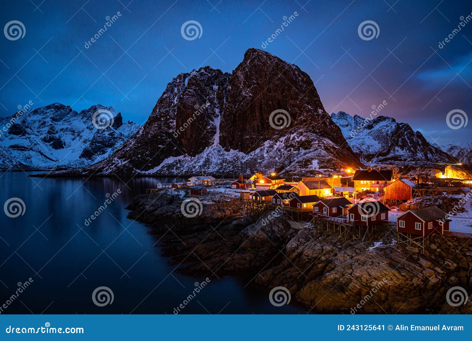 Hamnoy Mountain at Sunset with House Lights Stock Image - Image of ...
