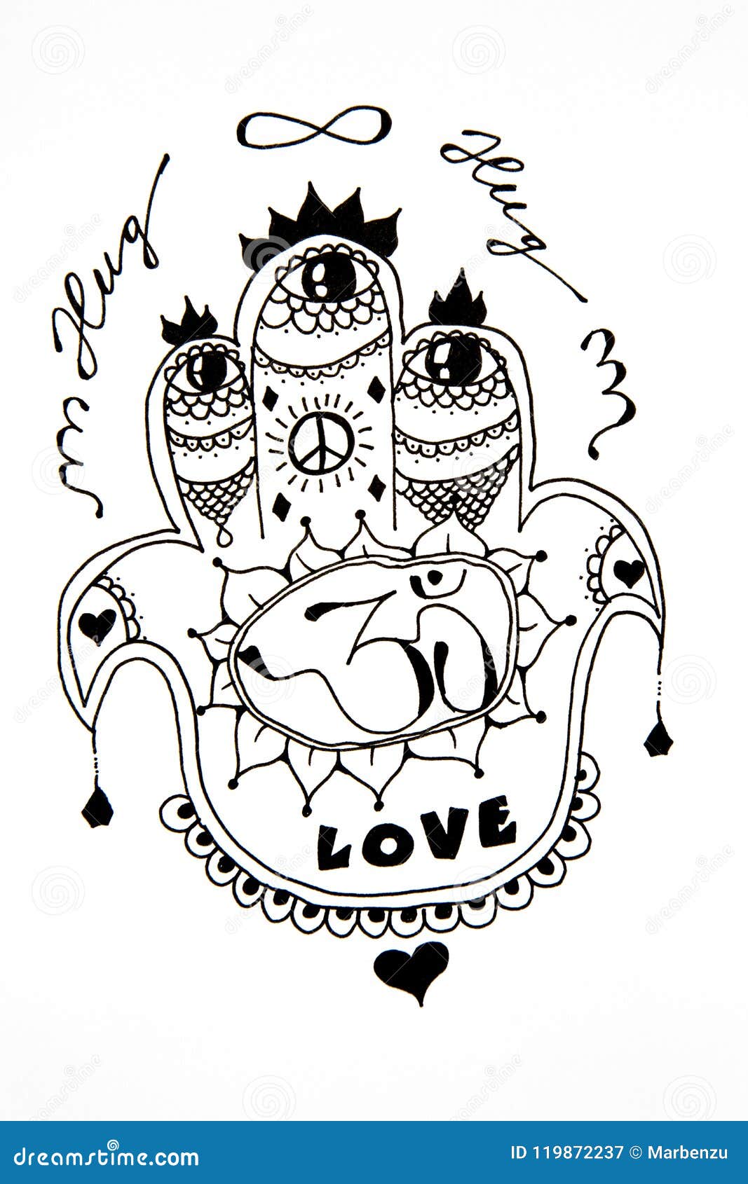Hamsa Black and White Hand Drawing Stock Illustration - Illustration of ...