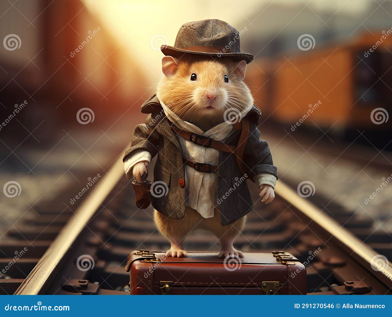 Hamster with Briefcase Standing Waiting for the Train on the Tracks ...