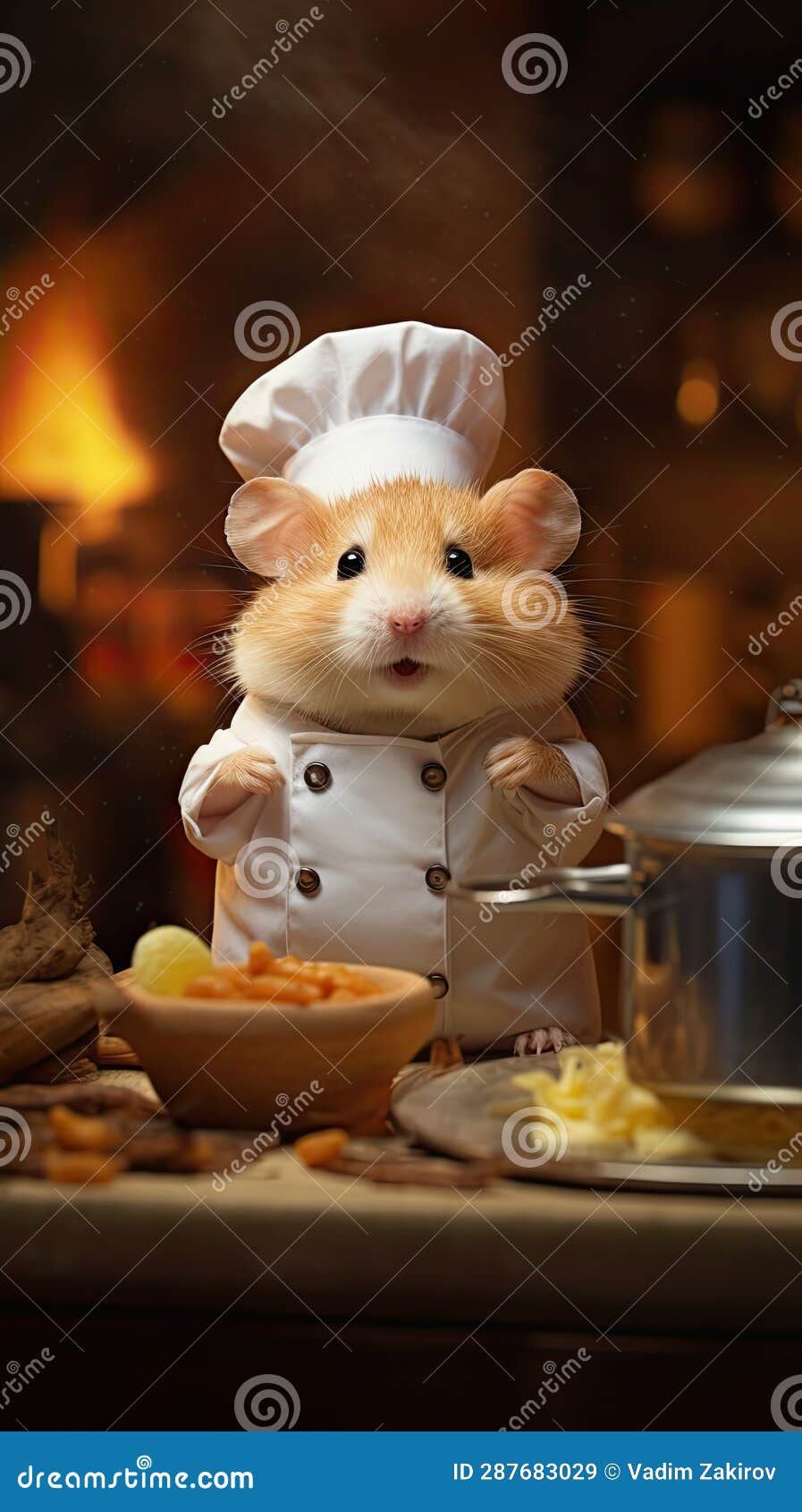Hamster Cook in a Chef S Hat Stands in the Background of the Kitchen ...