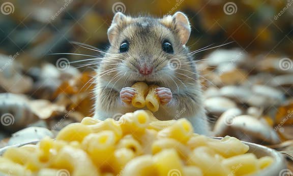 Hamster Eats Pasta in Pile of Leaves Stock Photo - Image of wildlife ...