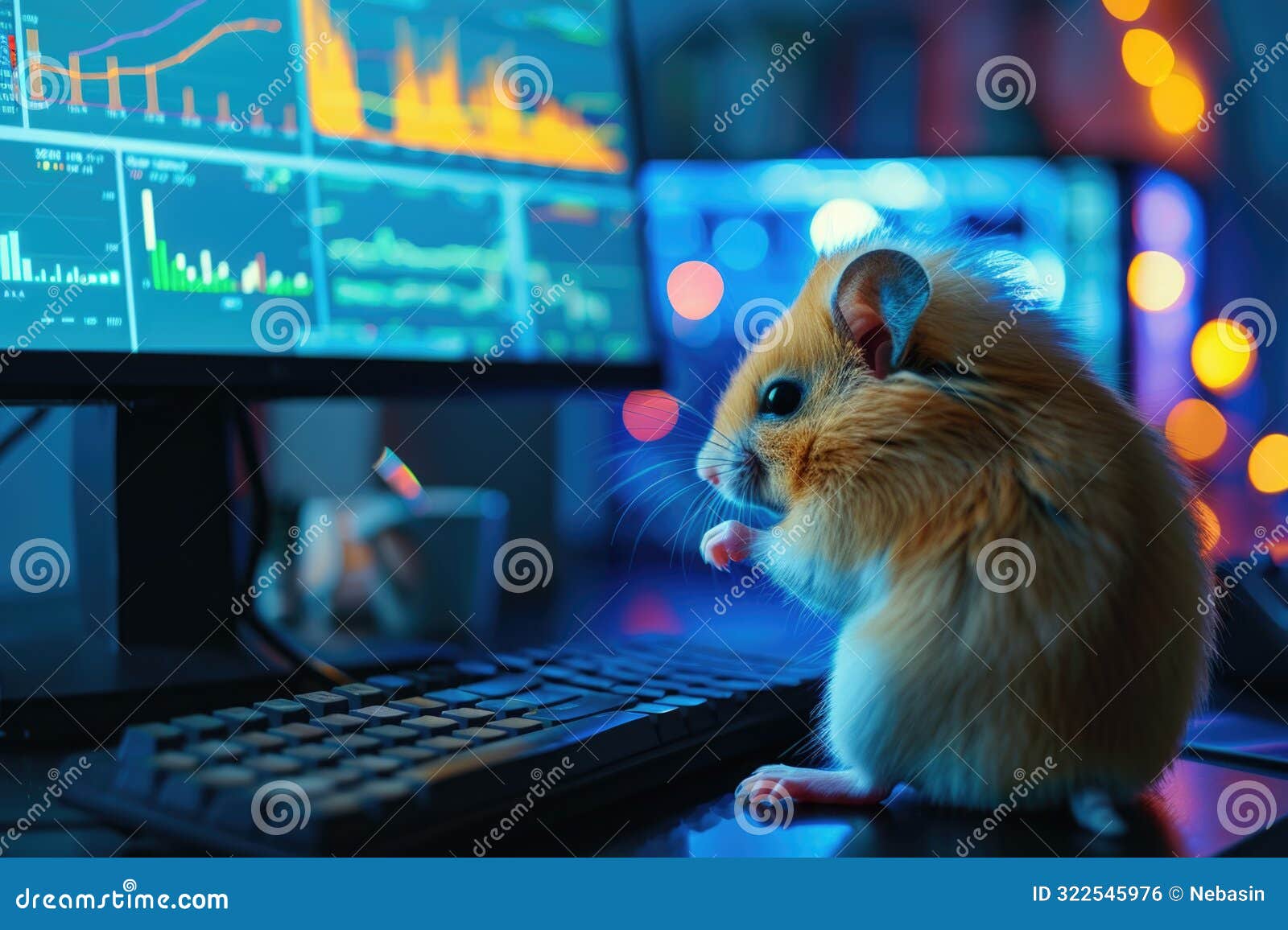 A Hamster on a Keyboard in Front of a Computer Screen with Graphs ...