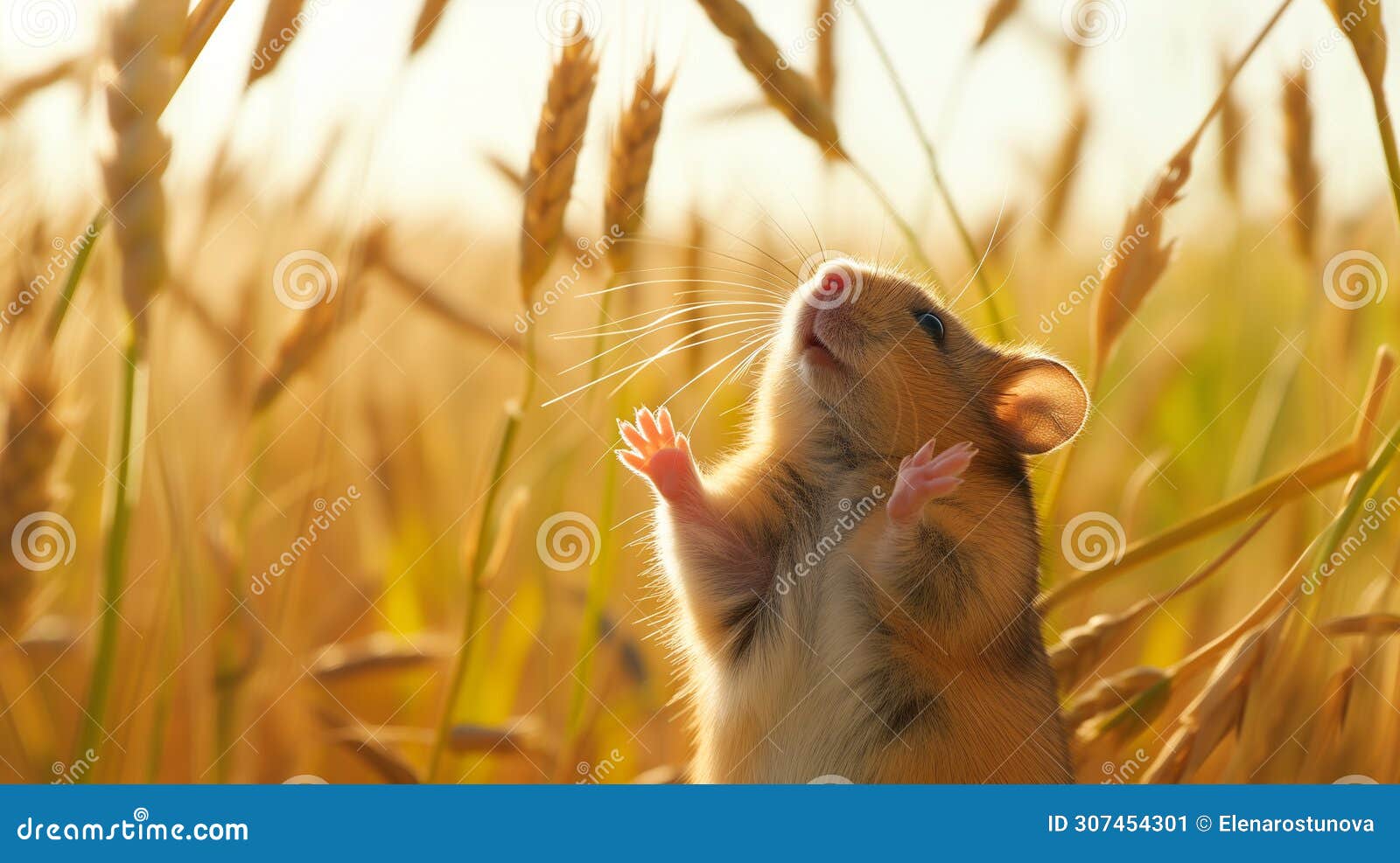 Hamster Raises Its Paws To the Sky in a Wheat Field. Horizontal Frame ...