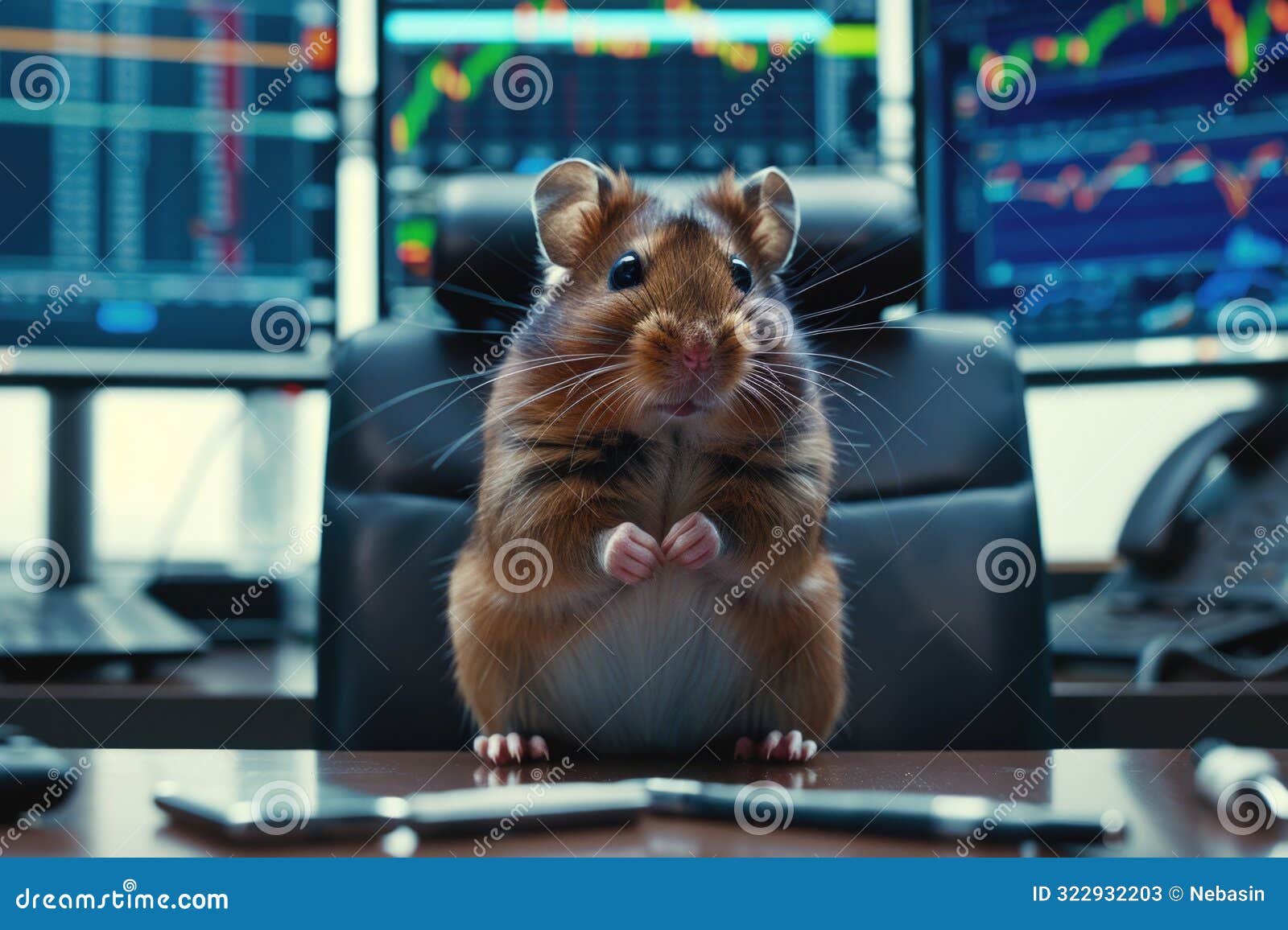 A Hamster Sits at a Desk in an Office, with Multiple Computer Screens ...