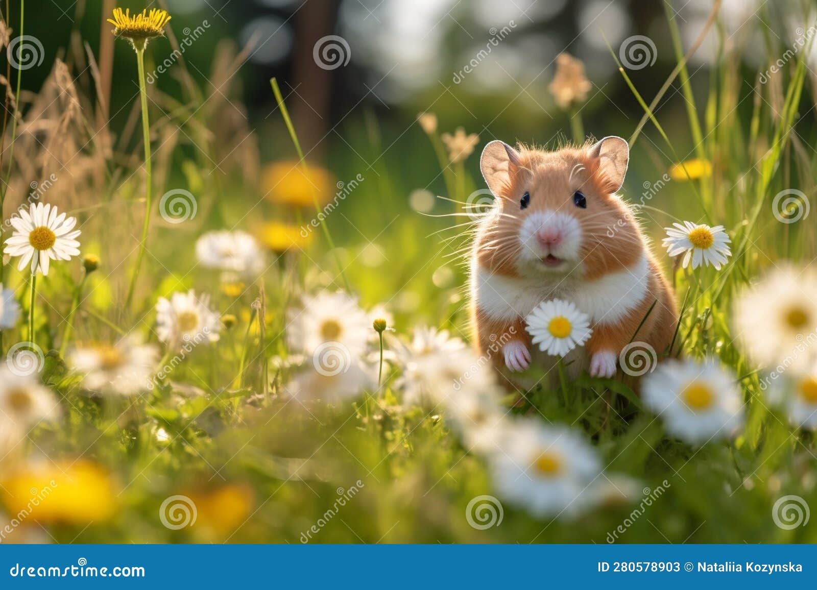The Hamster Sits in the Grass with Daisies in the Meadow. Selective ...