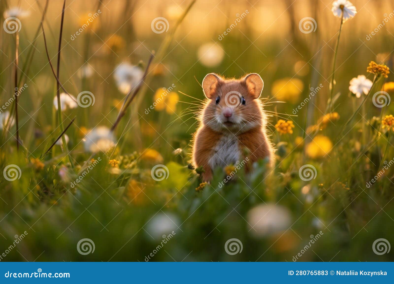 The Hamster Sits in the Grass with Daisies in the Meadow. Selective ...