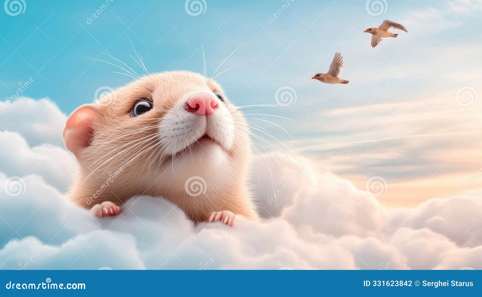 A Hamster is Sitting on Top of a Cloud with Birds Flying Around, AI Stock Photo - Image of ...