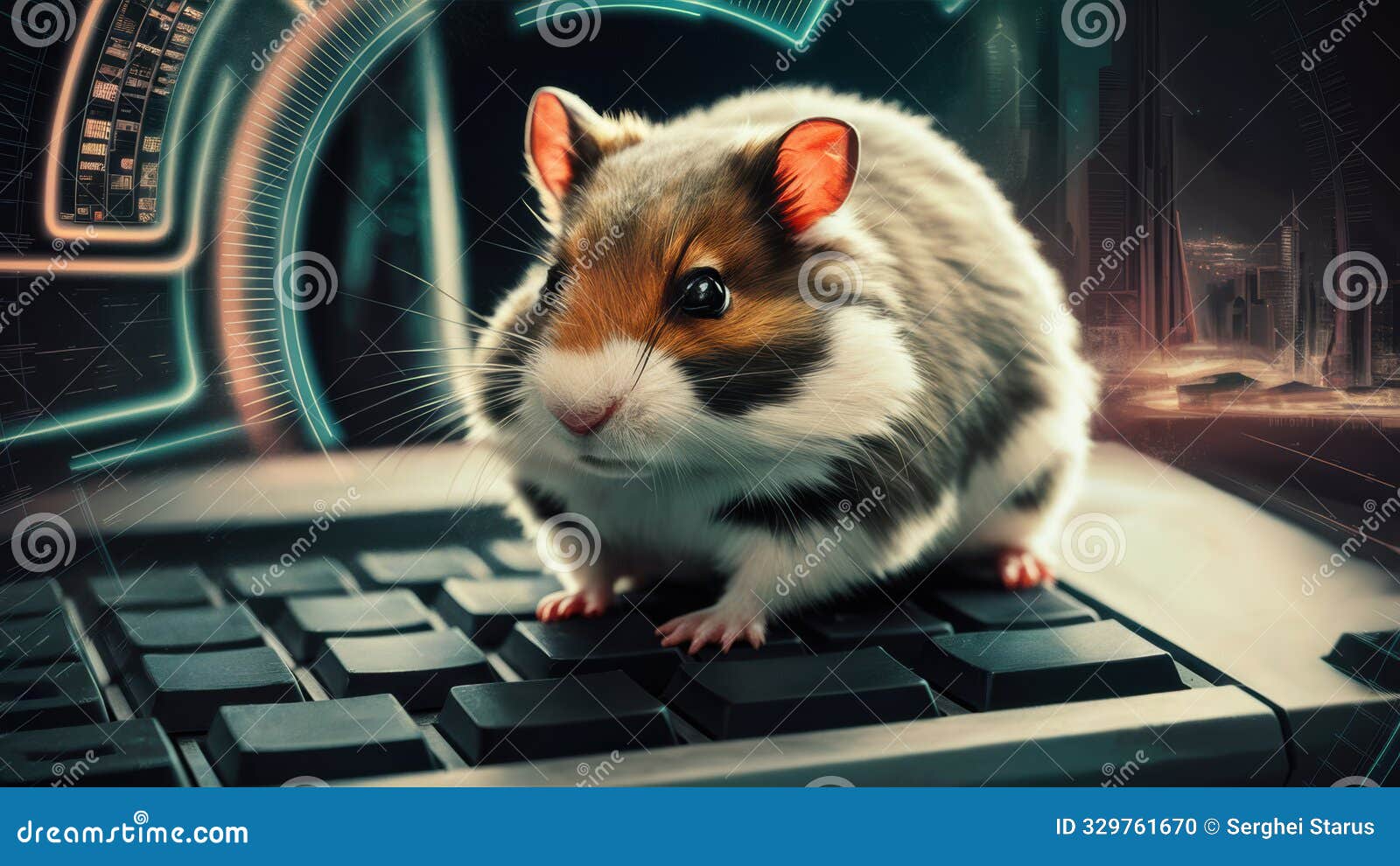 A Hamster Sitting on Top of a Computer Keyboard with City Lights in the ...