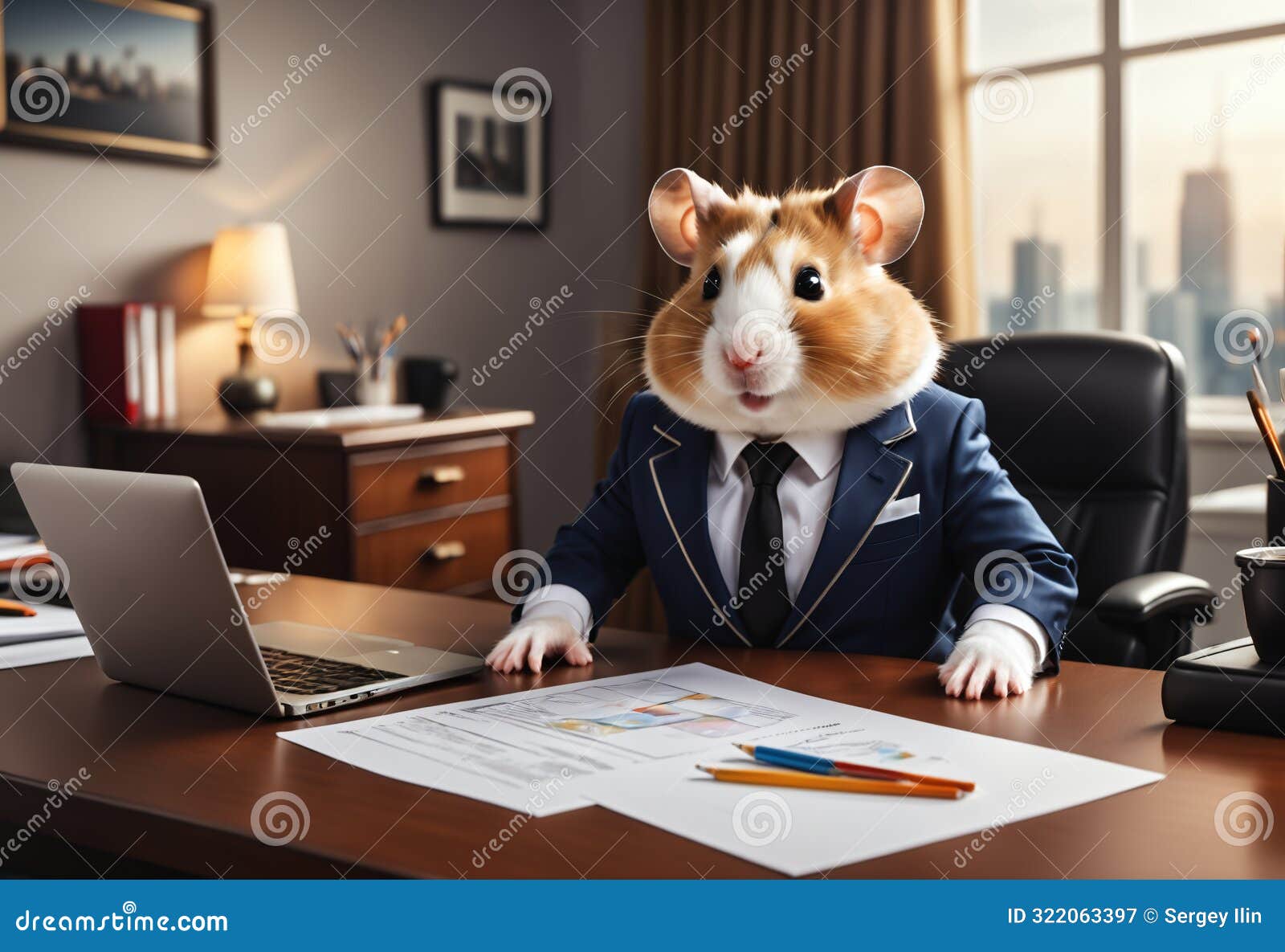 Hamster in Suit Sits at Office Table. Generative AI Stock Illustration ...
