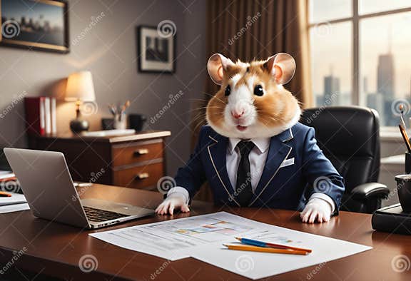 Hamster in Suit Sits at Office Table. Generative AI Stock Illustration ...
