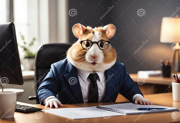 Hamster in Suit Sits at Office Table. Generative AI Stock Illustration ...